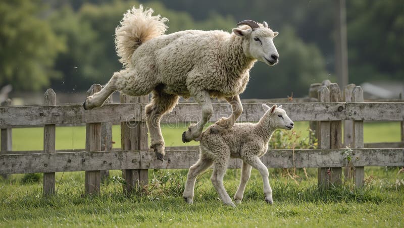Playful Sheep Leaping Over Fence with Lamb Mimicking Stock Illustration ...