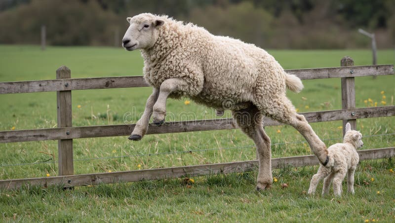 Playful Sheep Leaping Over Fence with Lamb Mimicking Stock Illustration ...