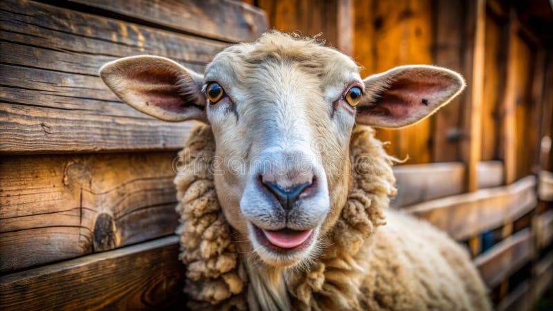 Playful Sheep Portrait Mischievous Expression in Rustic Setting Stock ...