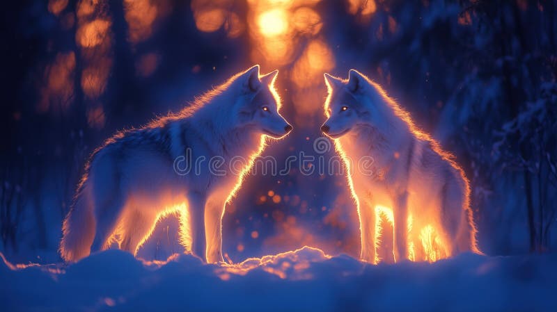 Playful Silhouettes of Glowing Wolves in Snow Stock Photo - Image of ...