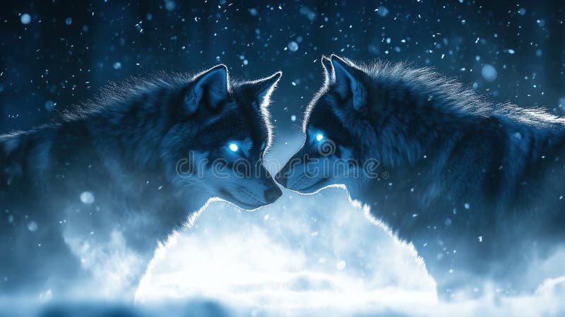 Playful Silhouettes of Glowing Wolves in Snow Stock Image - Image of ...