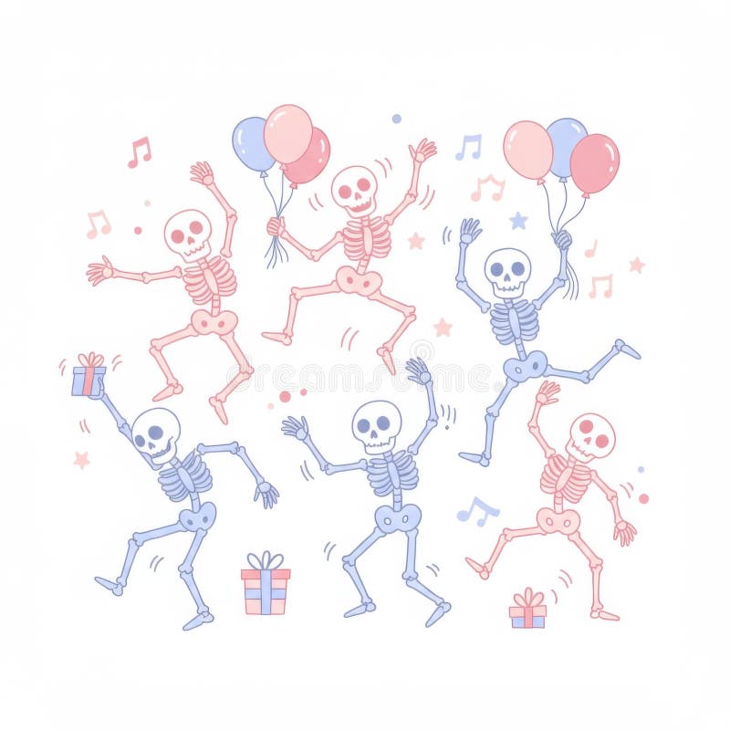 Playful Skeletons Dancing at a Pastel Party Stock Illustration ...