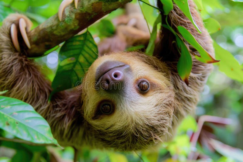 A Playful Sloth Hanging from a Tree, Looking at the Camera Stock Photo ...