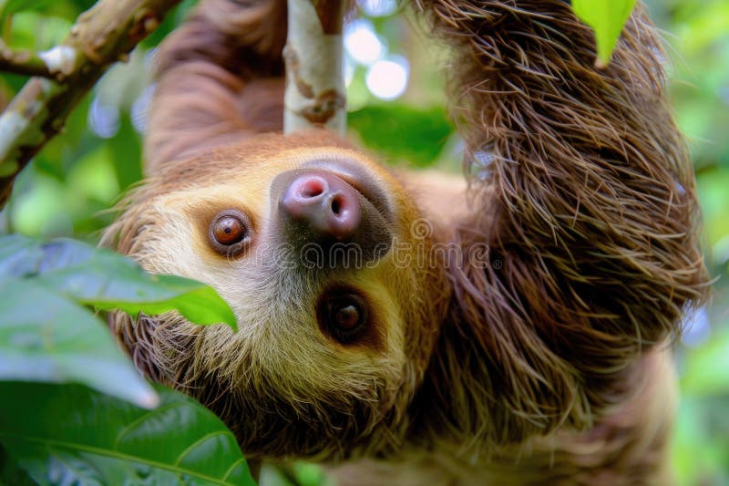 A Playful Sloth Hanging from a Tree, Looking at the Camera. Stock ...