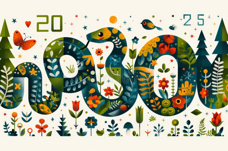 Playful Snake Illustration Forming the Numbers 2025 with Floral and ...