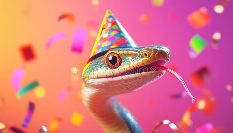 Playful Snake in Party Hat Surrounded by Colorful Confetti and Lights ...