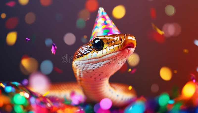 Playful Snake in Party Hat Surrounded by Colorful Confetti and Lights ...