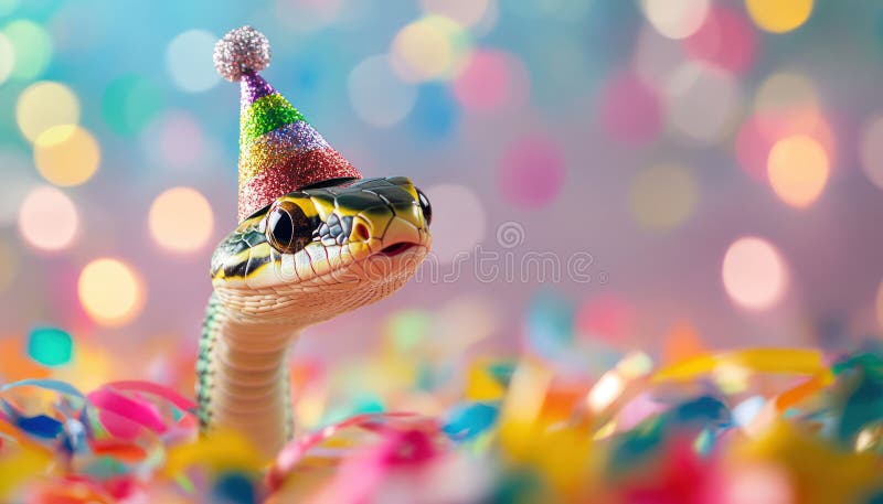 Playful Snake in Party Hat Surrounded by Colorful Confetti and Lights ...