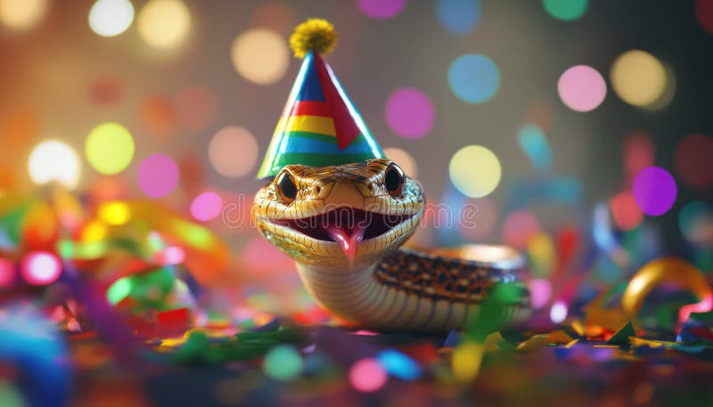 Playful Snake in Party Hat Surrounded by Colorful Confetti and Lights ...