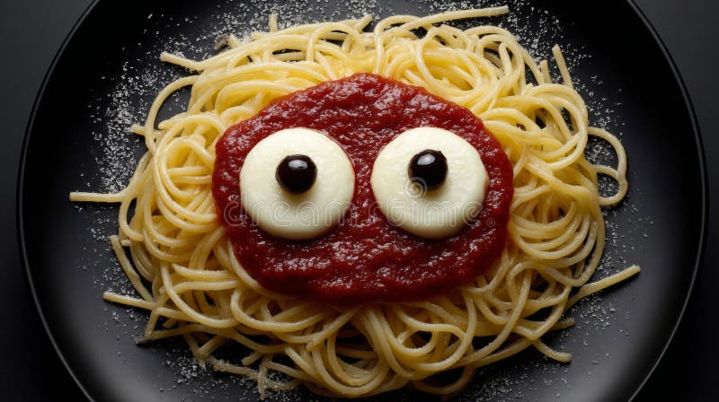 Playful Spaghetti Face with Tomato Sauce and Cheese Stock Illustration ...