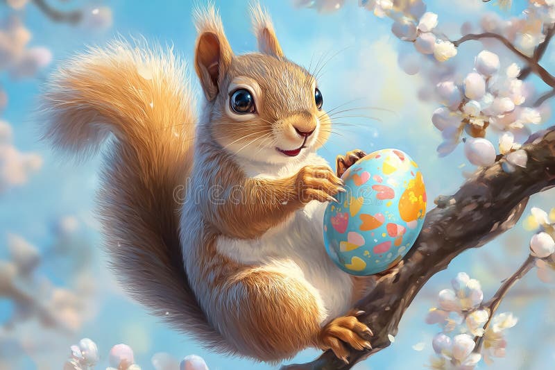 A Playful Squirrel with a Colorful Easter Egg Sits on a Blooming Branch ...