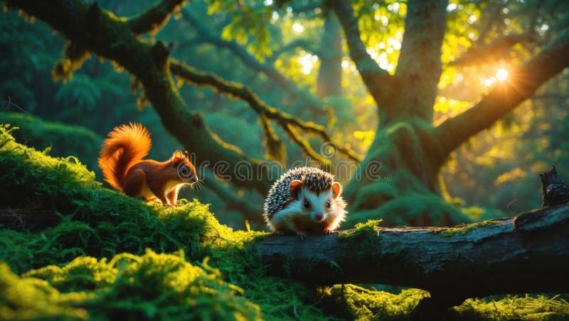 Enchanted Forest: Red Squirrel and Hedgehog Friends on Mossy Log Stock ...