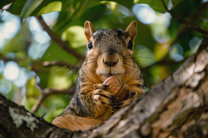 A Playful Squirrel Holding a Nut Looks at the Camera Stock Photo ...