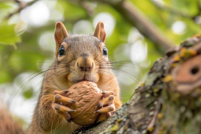 A Playful Squirrel Holding a Nut Looks at the Camera. Stock Image ...
