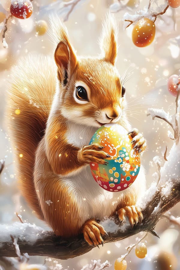 A Playful Squirrel Holds a Bright Easter Egg on a Branch, Surrounded by ...