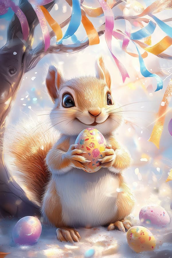 A Playful Squirrel Holds a Decorated Easter Egg Amidst Colorful Eggs ...