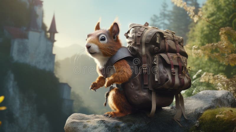 Playful Squirrel Wearing Backpack in Hyperrealistic Mountain Landscape ...