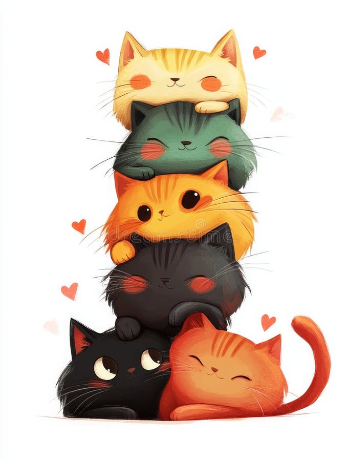 Playful Stack of Colorful Cats with Hearts Stock Illustration ...