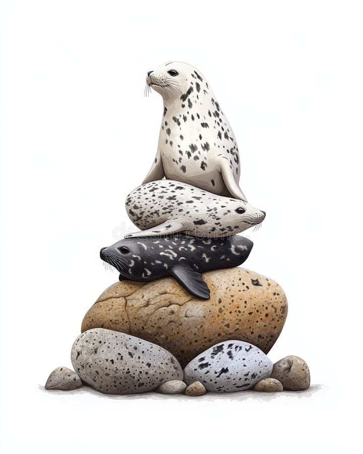 A Playful Stack of Seals Atop Various Textured Stones Showcasing Their ...