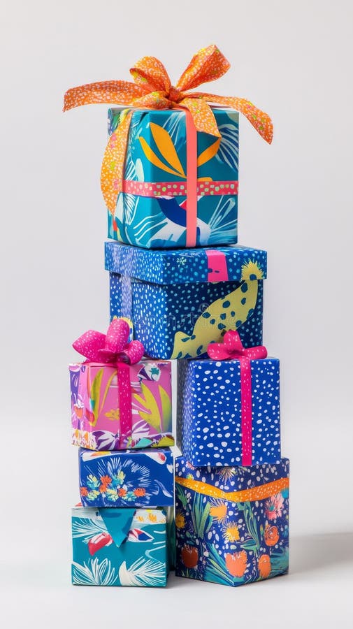 Playful Stacked Gift Boxes with Bold and Colorful Designs Stock Photo ...
