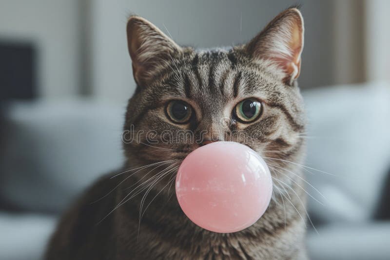 Playful Tabby Cat Blowing a Pink Bubble Gum Bubble Stock Photo - Image ...