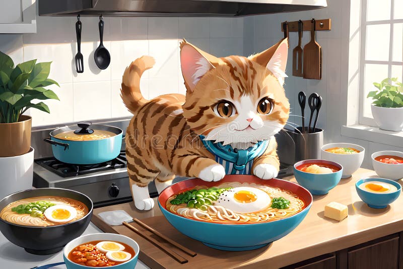 Playful Tabby Cat with a Ramen Bowl on the Kitchen Counter in a ...
