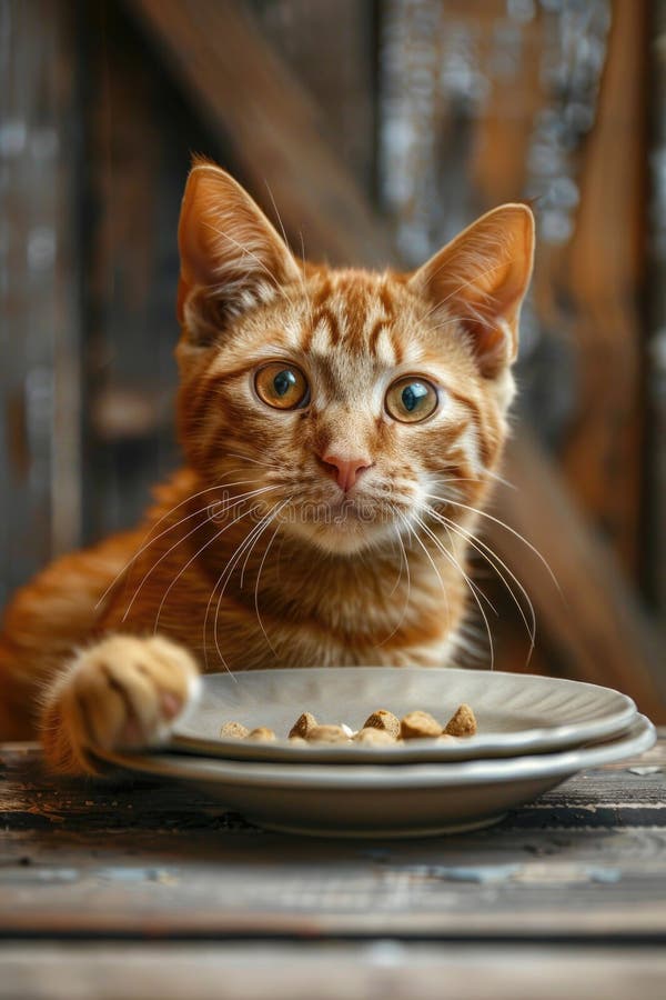 Playful Tabby Cat Sitting at a Dining Table Waving Paw Indoors Stock ...