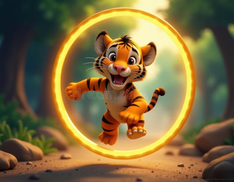 Playful Tiger Cub Jumping through a Ring of Light Stock Illustration ...