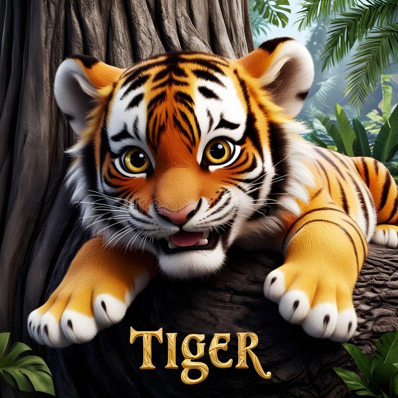 Playful Tiger Cub Relaxing on a Tree in the Jungle Stock Illustration ...