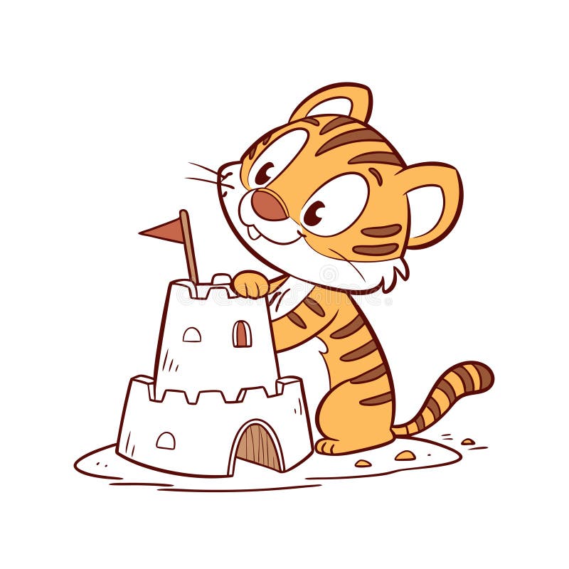 Playful Tiger Cub at Sandcastle Stock Illustration - Illustration of ...