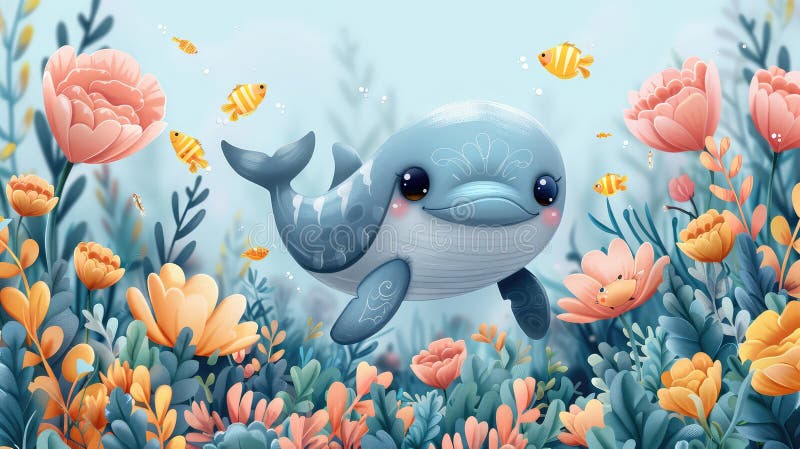 Playful Underwater Friends: Dolphin, Turtle, and Fish Stock Photo ...