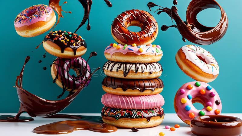 Playful Vertical Stack of Colorful Donuts Against a Teal Background ...