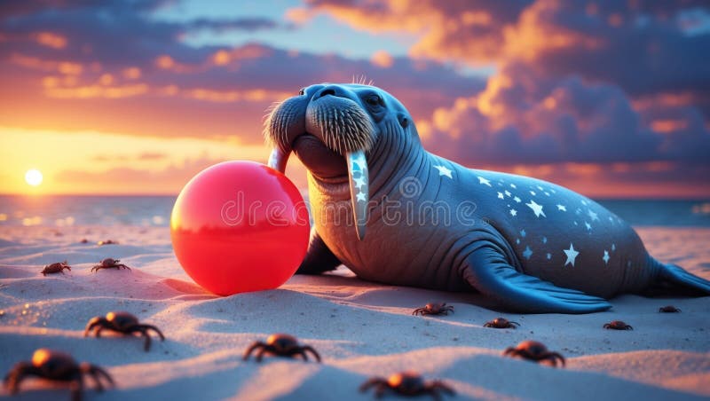 Adorable Walrus Playing with Red Ball on Sunset Beach Stock ...