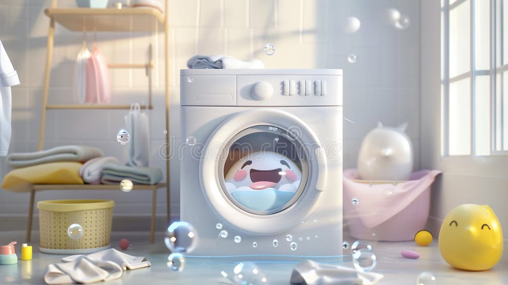 Playful Washing Machine with a Smiling Face Surrounded by Bubbles in a ...