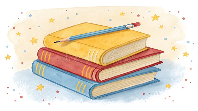 Playful Watercolor Art of a Stack of Books with Pencil for Educational ...