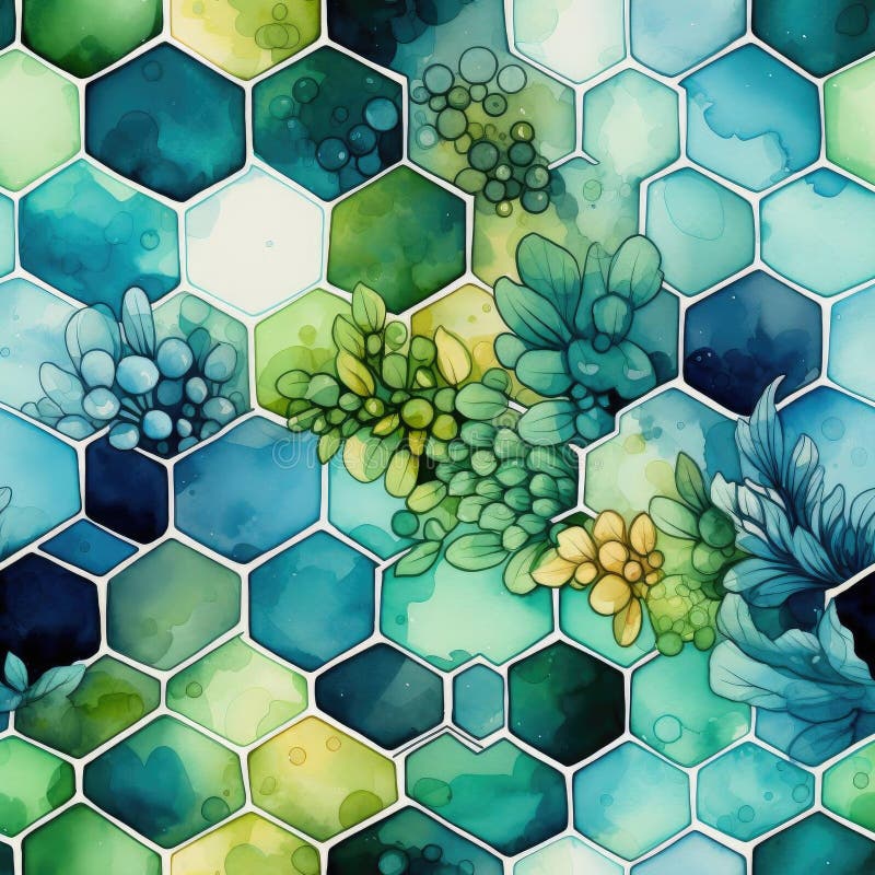 Playful Watercolor Hexagonal Tile Pattern with Plants (tiled) Stock ...