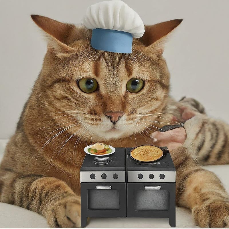 Curious Cat Watches Miniature Chef at Work Stock Illustration ...