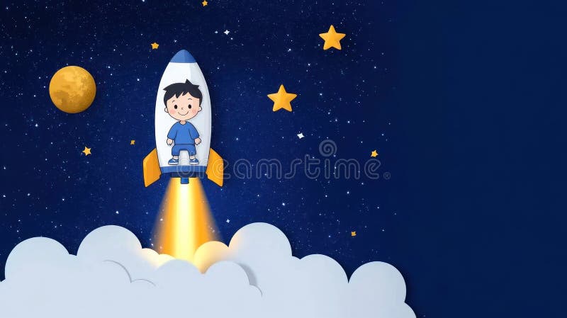 Joyful Child Soaring through the Sky on a Rocket Adventure Stock ...