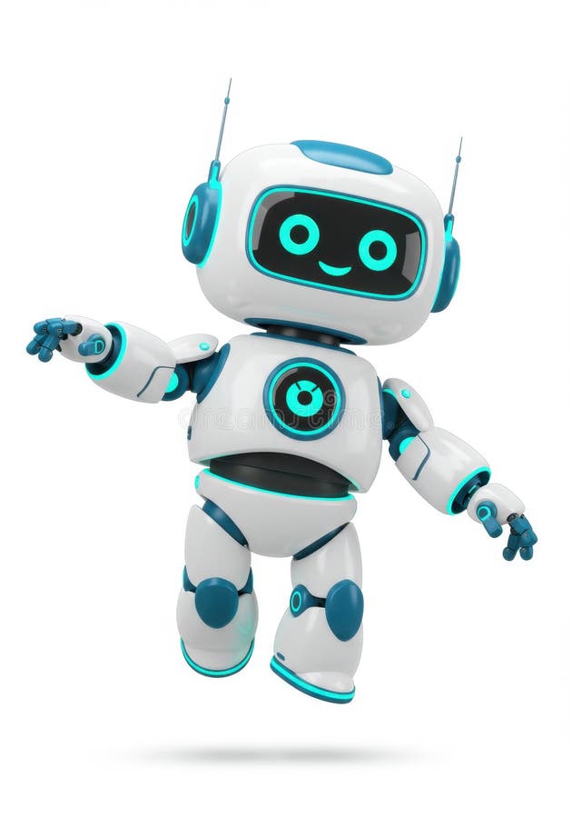 Playful White and Blue Cartoon Robot in 3D Rendering Stock Illustration ...