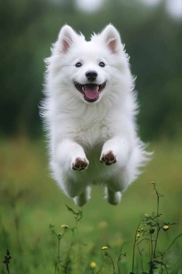 Playful White Dog Jumping High with Joy in a Green Meadow Stock Photo ...