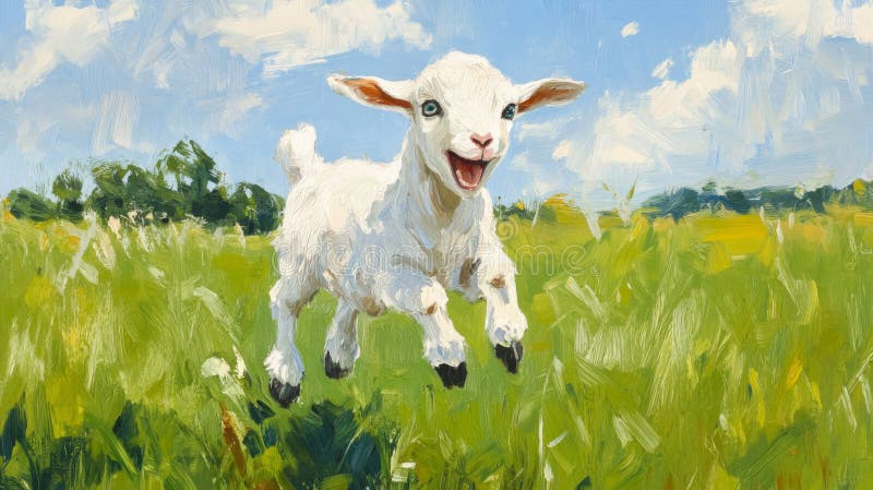 Playful White Lamb Leaping in a Green Field Stock Illustration ...