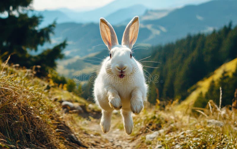 A Playful White Rabbit Leaps Joyfully Up a Grassy Hill, Celebrating the ...