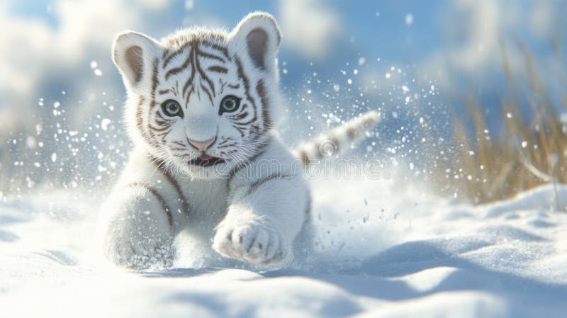 Playful White Tiger Cub Running in the Snow Stock Illustration ...