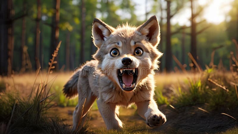 Playful Wolf Pup in the Forest. Stock Illustration - Illustration of ...