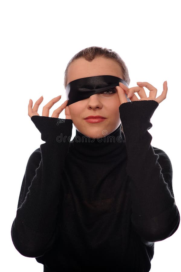 Playful Woman with Black Ribbon on Eyes Stock Image - Image of ...