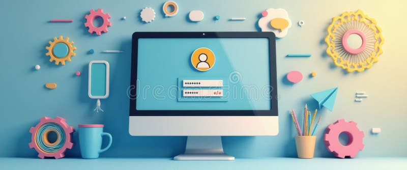 Playful Workspace with a Colorful Computer Setup Stock Image - Image of ...