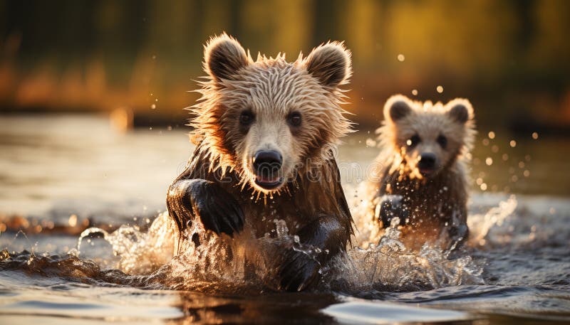 Playful Young Animals Splashing in the Water Generated by AI Stock ...