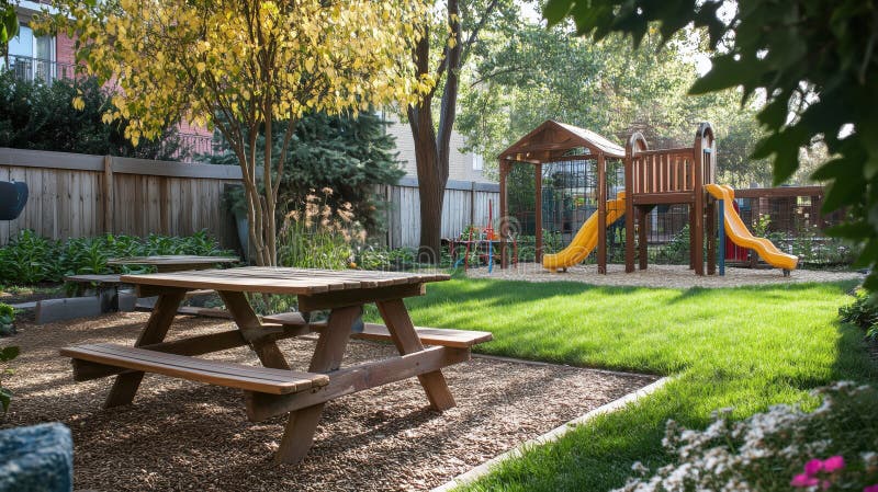 Playground Area with Picnic Table, Slide, and Green Lawn Stock Image ...