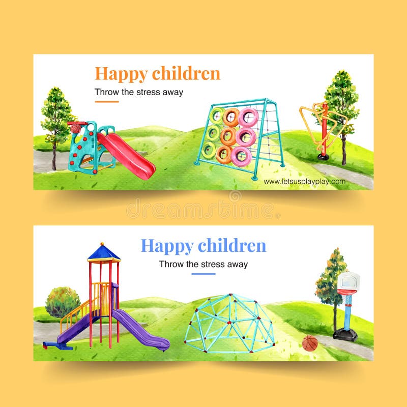 Playground Banner Design with Slide, Climbing Frame Watercolor ...