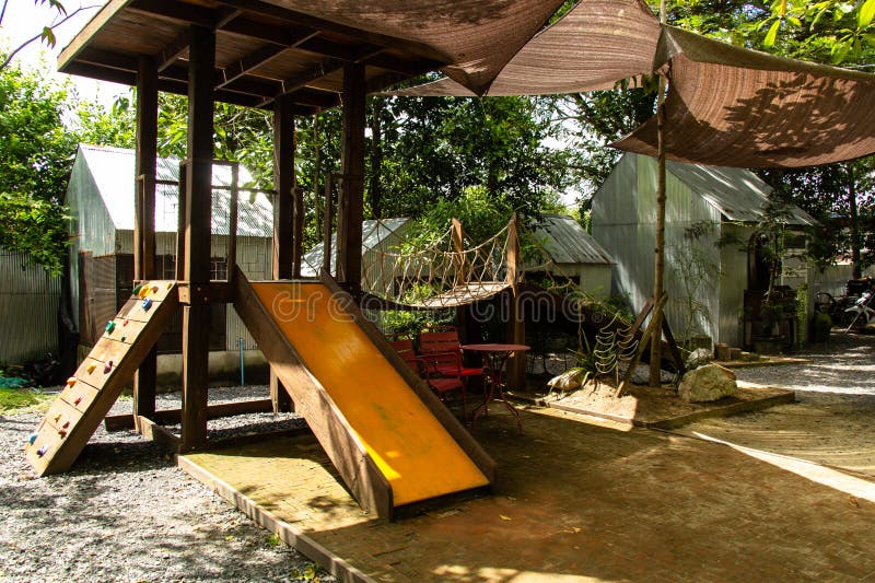 Playground for Children Made of Wood Stock Image - Image of childcare ...